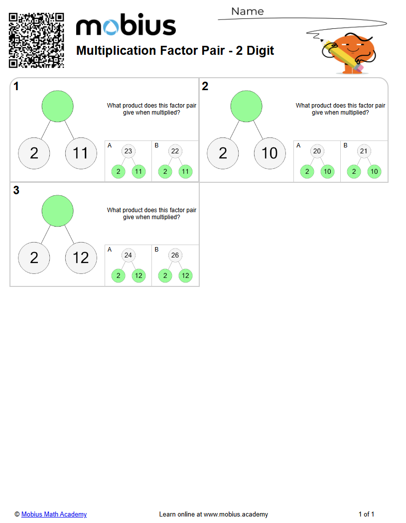 Multiplication Factor Pair - 2 Digit (Level 1) - Mobius Math Academy