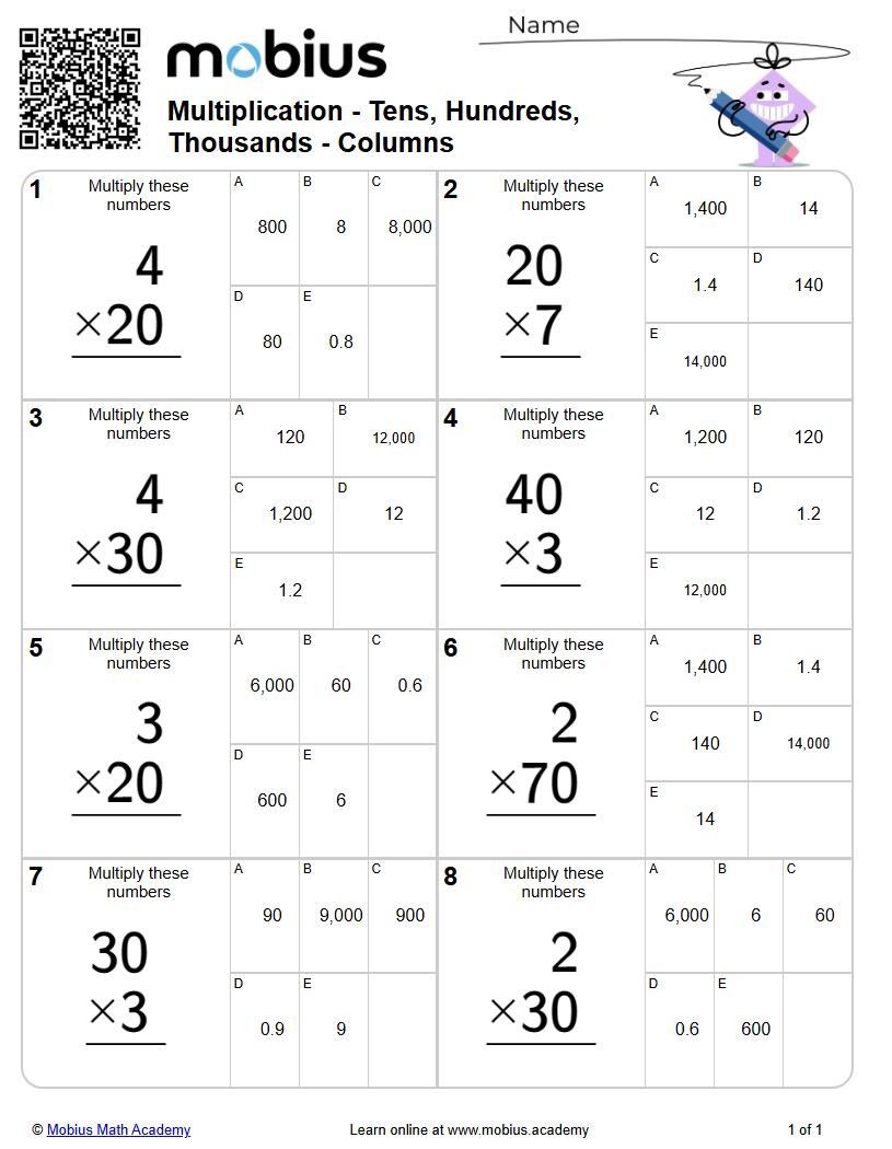 Multiplication - Tens, Hundreds, Thousands - Columns (Level 1) - Mobius ...