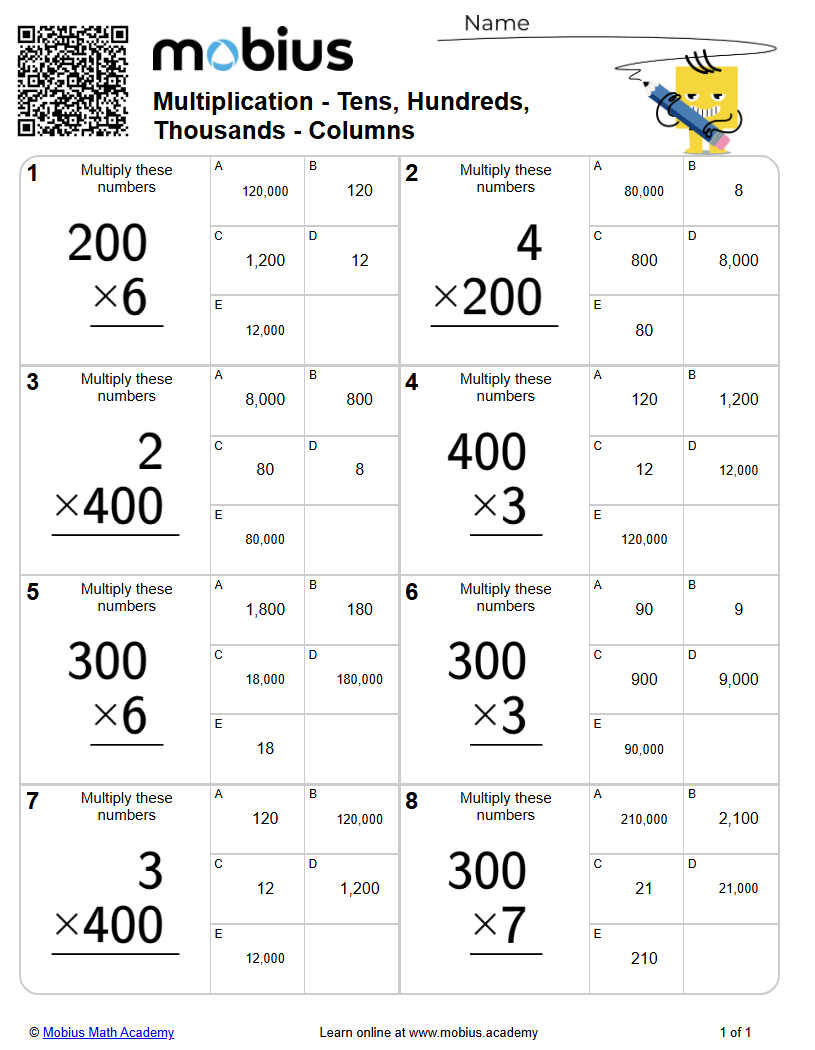 Multiplication - Tens, Hundreds, Thousands - Columns (Level 2) - Mobius ...