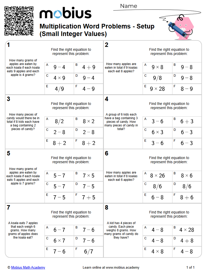 Multiplication Word Problems - Setup (Small Integer Values) (Level 1 ...