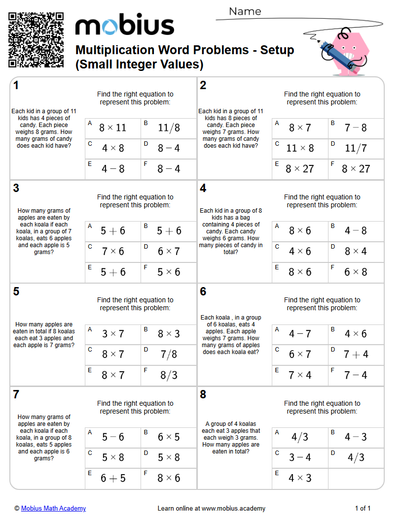 Multiplication Word Problems - Setup (Small Integer Values) | Level 2 ...