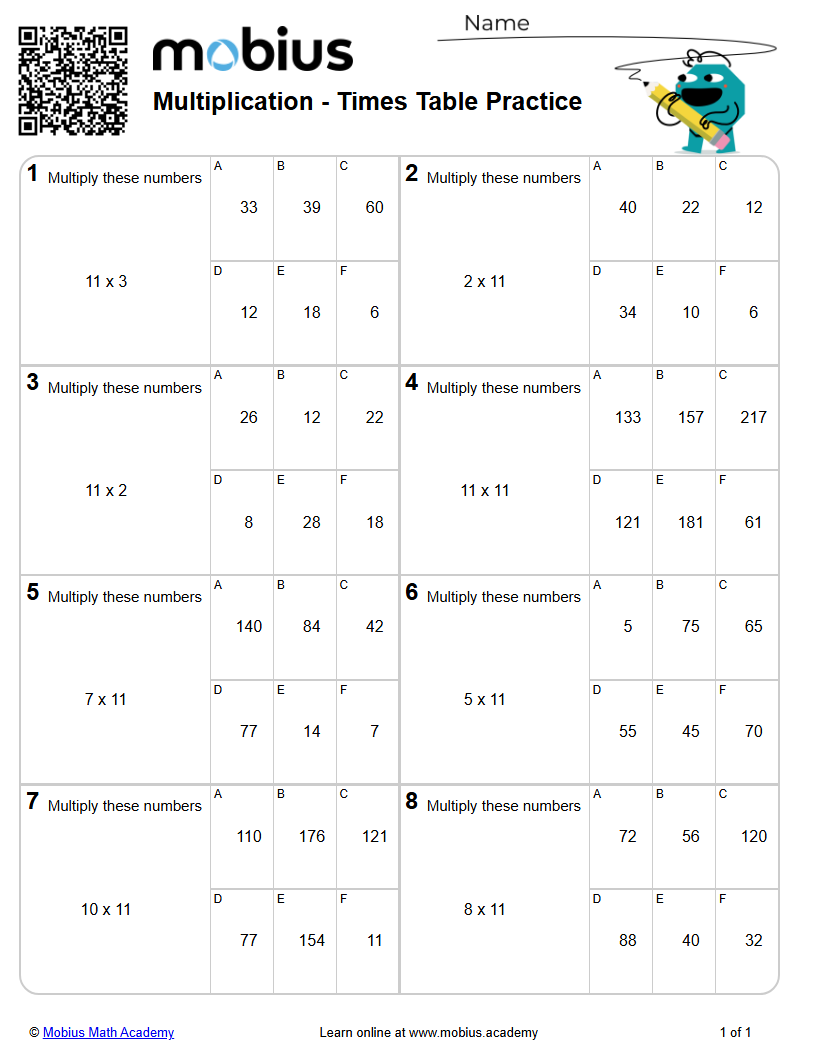 Multiplication - Times Table Practice (Level 11) - Mobius Math Academy
