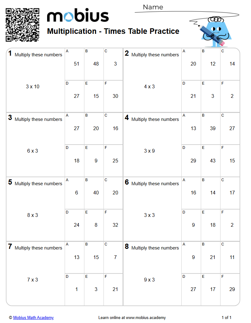 Multiplication - Times Table Practice (Level 3) - Mobius Math Academy