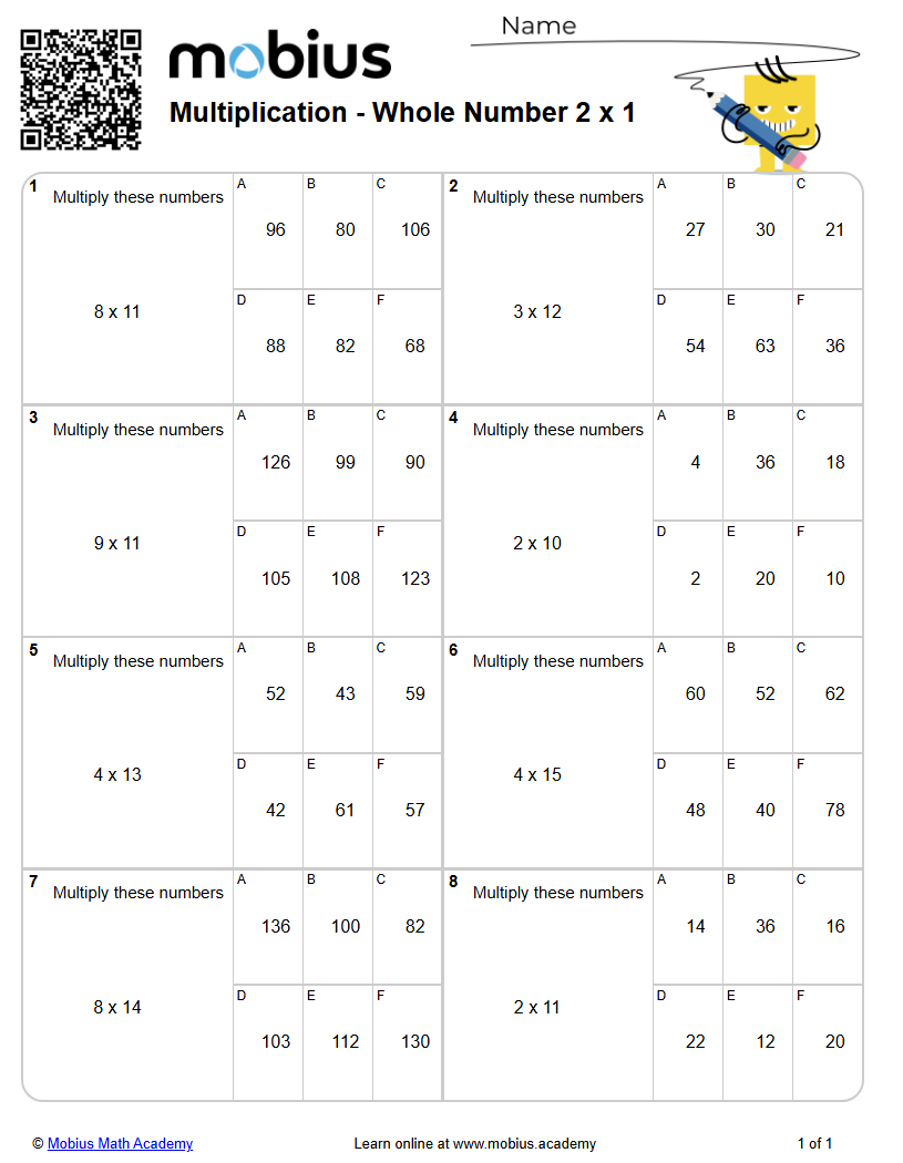 Multiplication - Whole Number 2 x 1 (Level 1) - Mobius Math Academy