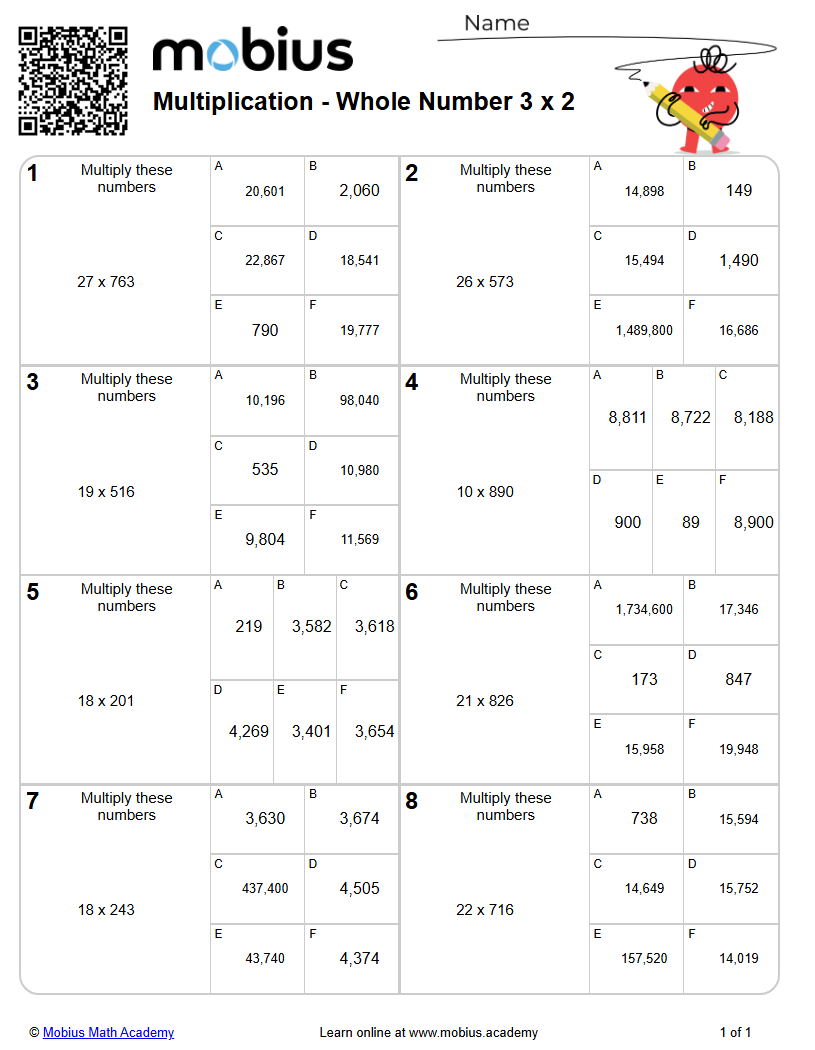 Multiplication - Whole Number 3 x 2 (Level 1) - Mobius Math Academy