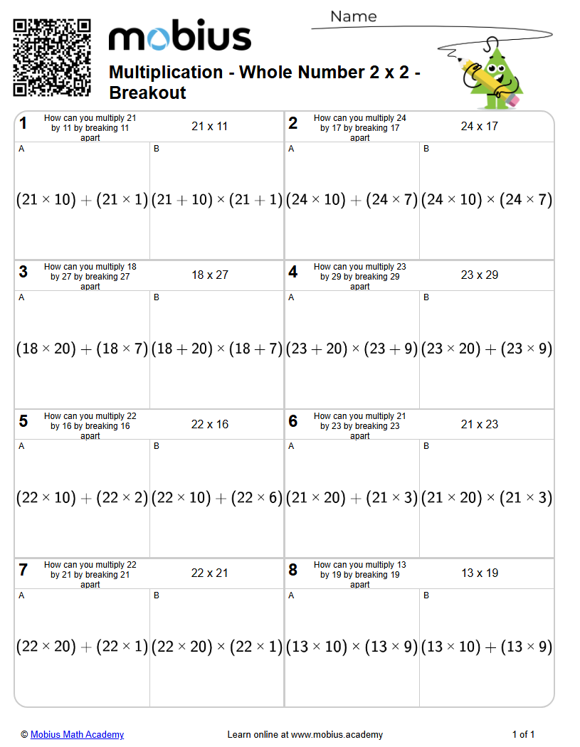 Multiplication - Whole Number 2 x 2 - Breakout (Level 1) - Mobius Math ...