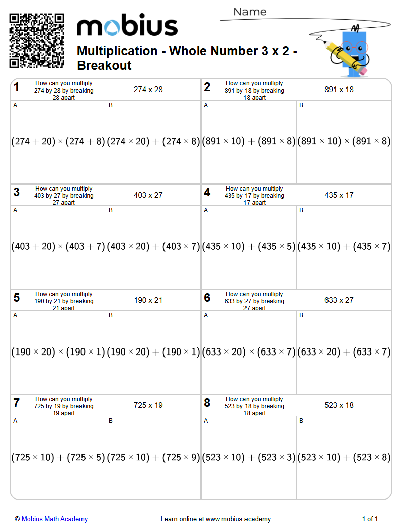 Multiplication - Whole Number 3 x 2 - Breakout (Level 1) - Mobius Math ...
