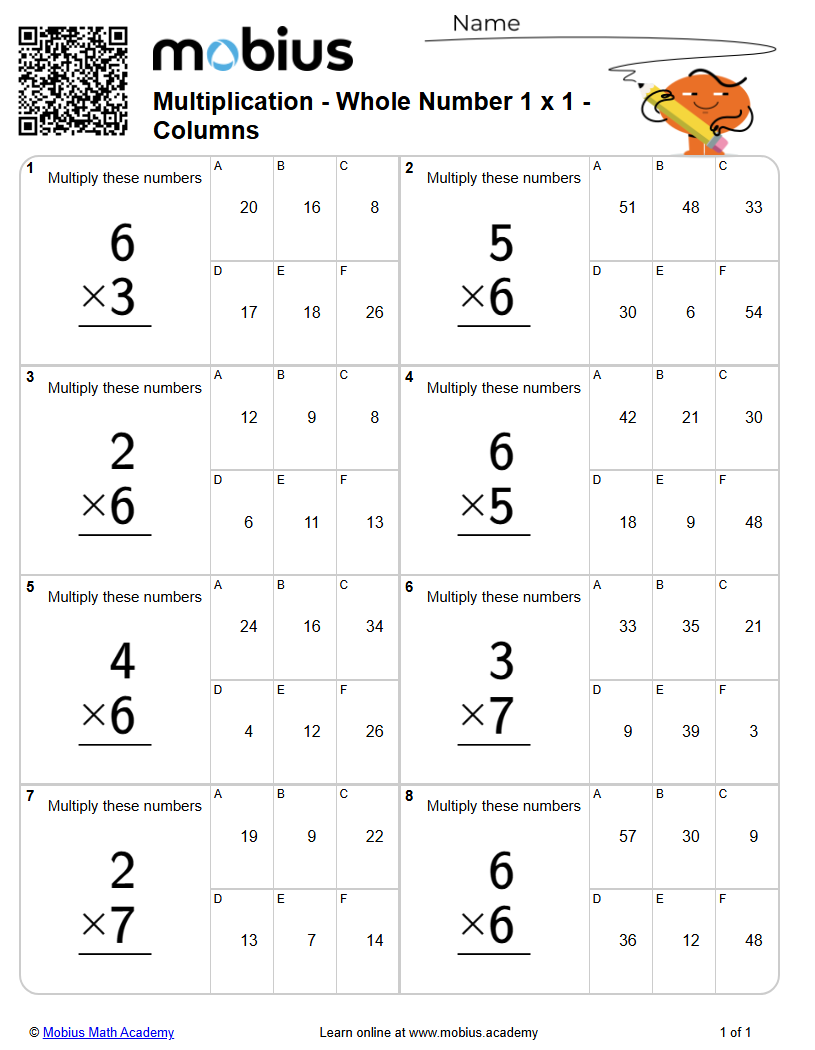 Multiplication - Whole Number 1 x 1 - Columns (Level 2) - Mobius Math ...