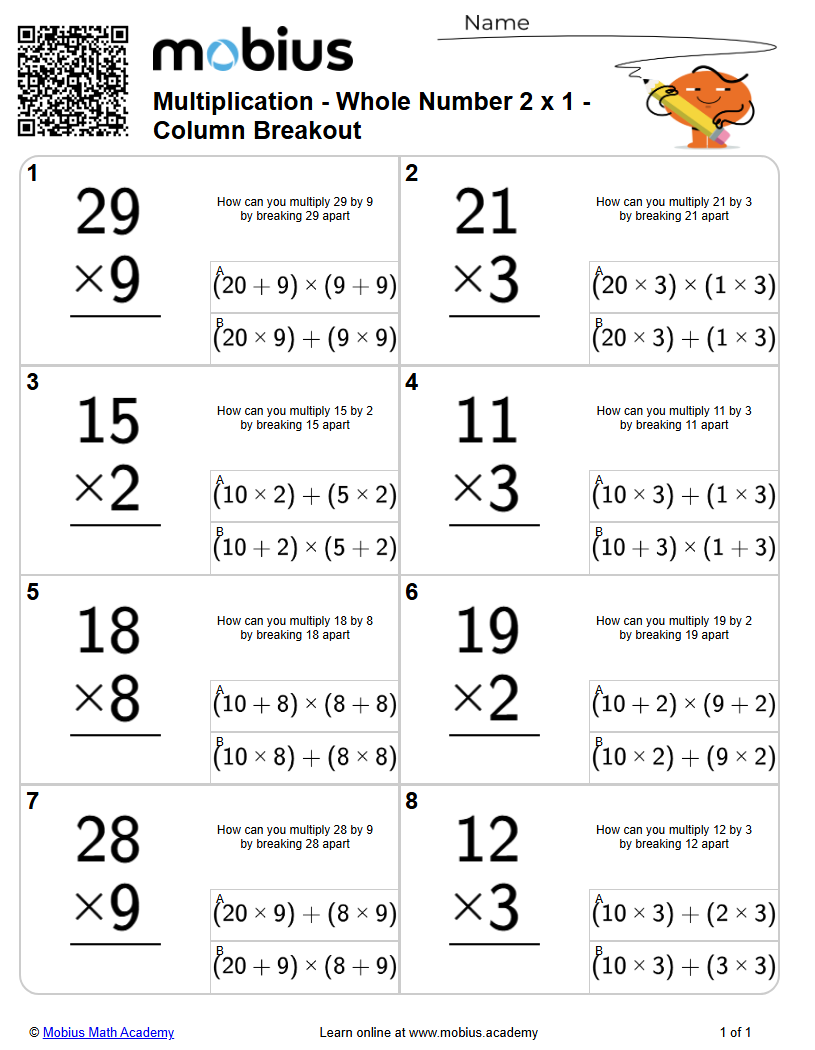 Multiplication - Whole Number 2 x 1 - Column Breakout (Level 1 ...
