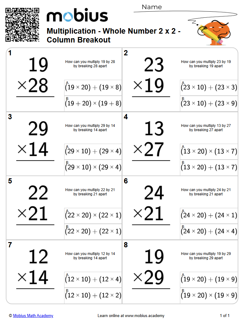 Multiplication - Whole Number 2 x 2 - Column Breakout (Level 1 ...