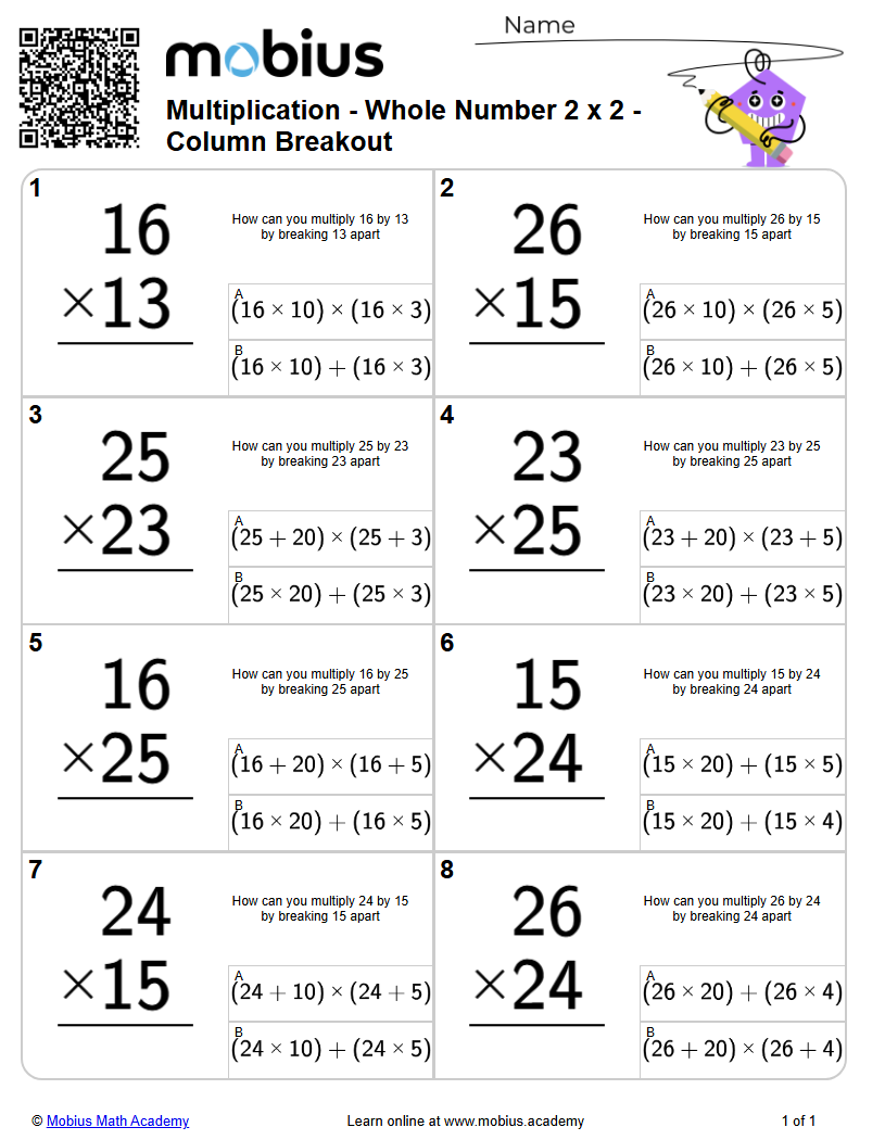 Multiplication - Whole Number 2 x 2 - Column Breakout (Level 2 ...