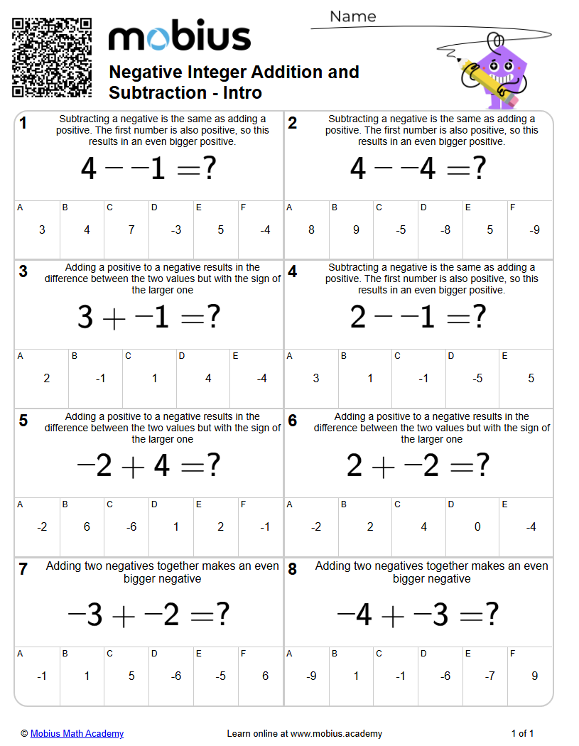 Negative Integer Addition and Subtraction - Intro (Level 1) - Mobius ...