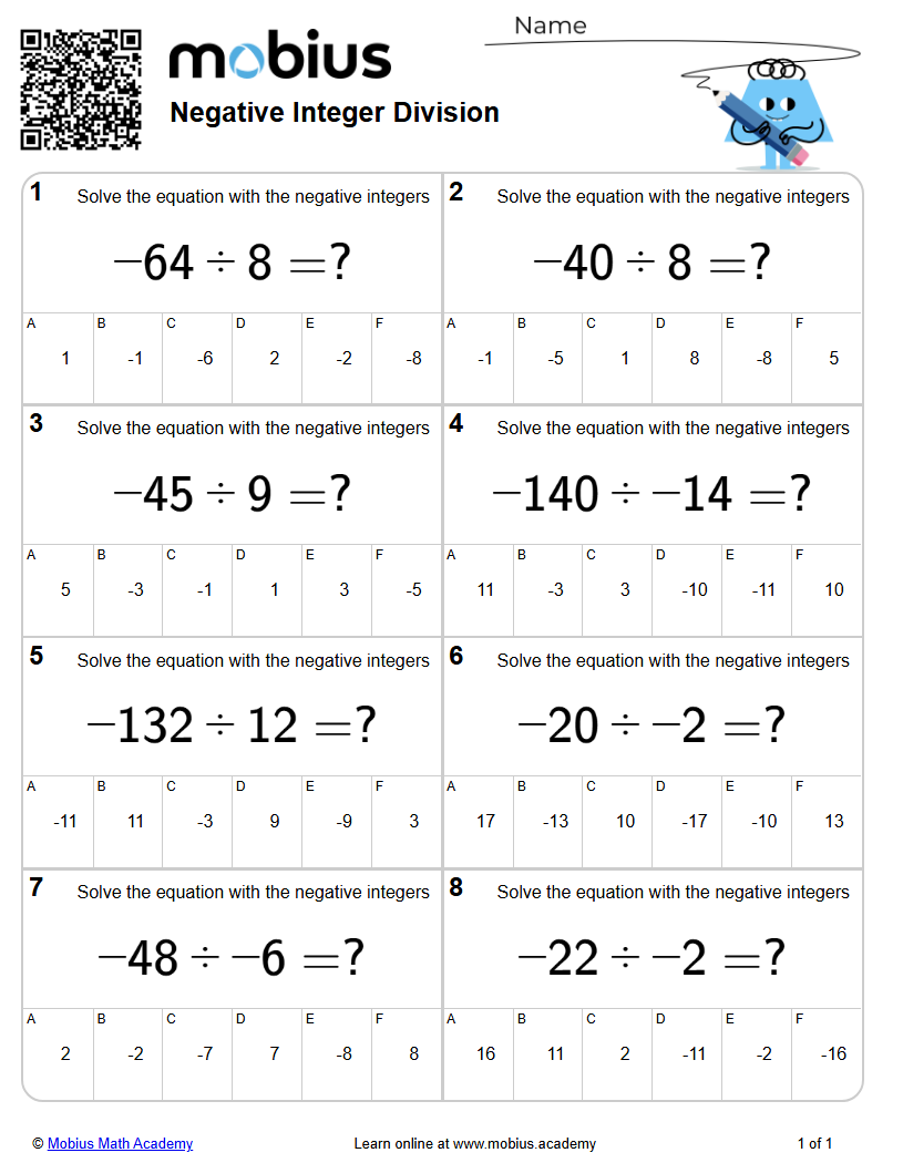 Negative Integer Division | Level 2 | Grades 7-9 Math Worksheets ...