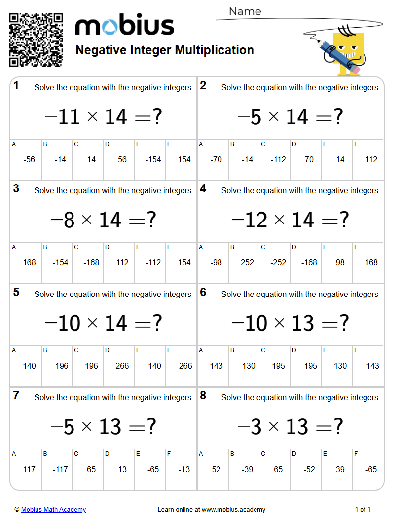 Negative Integer Multiplication (Level 3) - Mobius Math Academy
