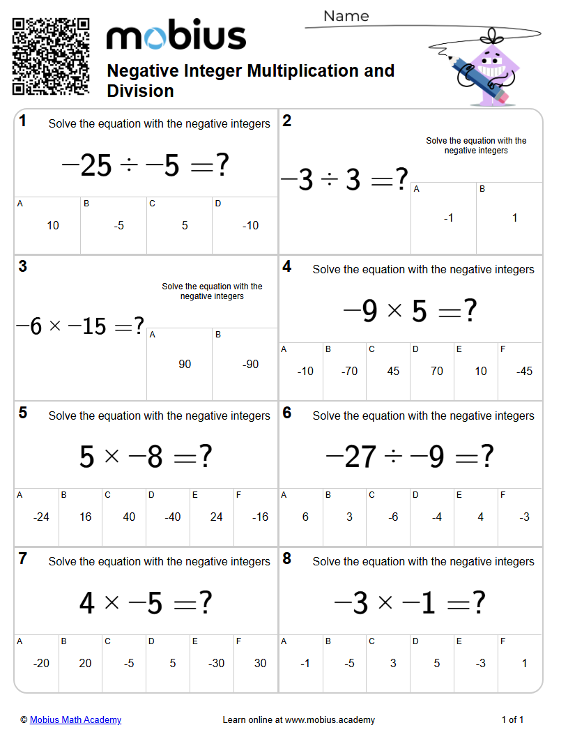 Negative Integer Multiplication and Division (Level 1) - Mobius Math ...