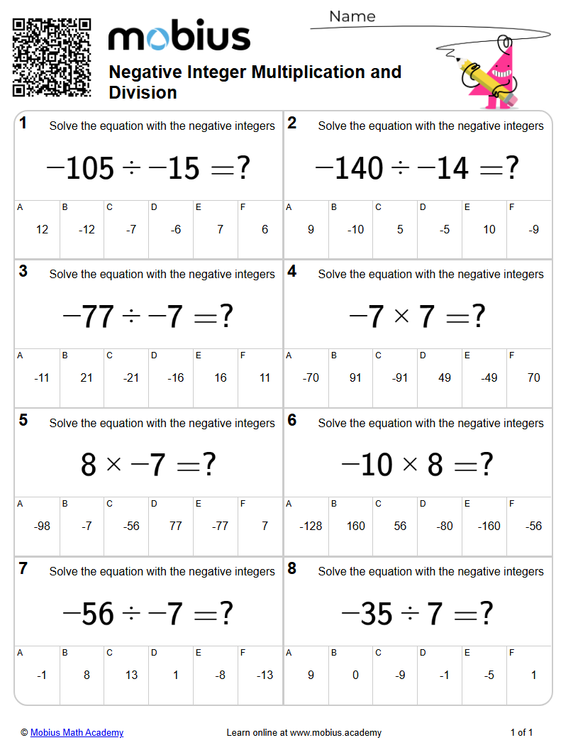 Negative Integer Multiplication and Division (Level 2) - Mobius Math ...