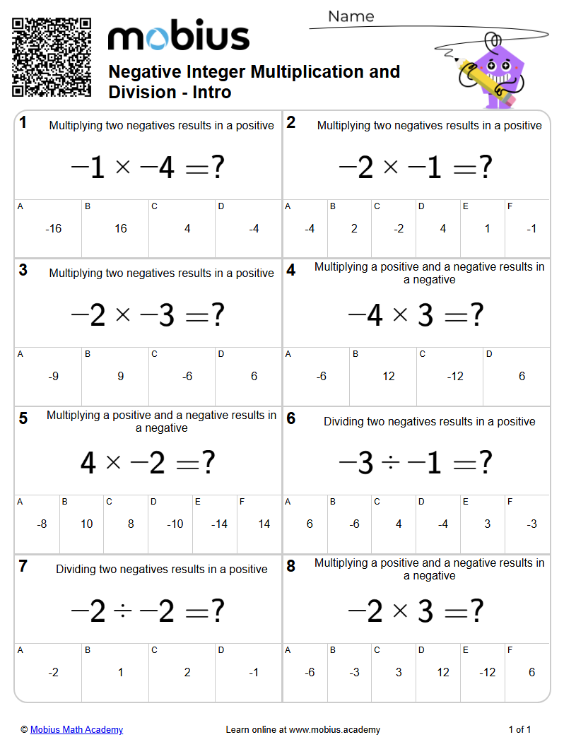 Negative Integer Multiplication and Division - Intro (Level 1) - Mobius ...