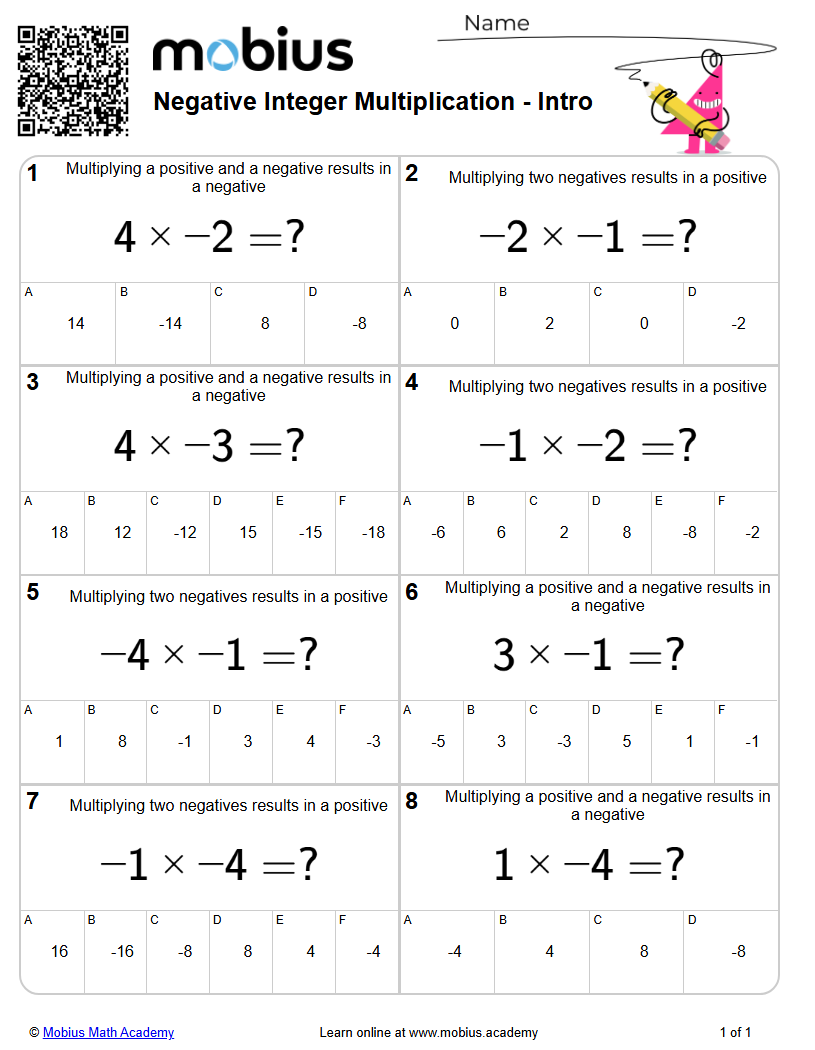 Negative Integer Multiplication - Intro (Level 1) - Mobius Math Academy