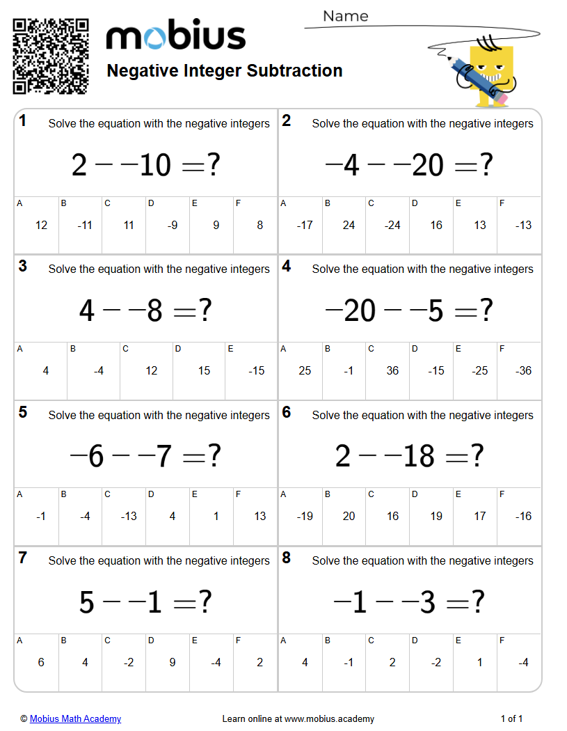 Negative Integer Subtraction (Level 1) - Mobius Math Academy