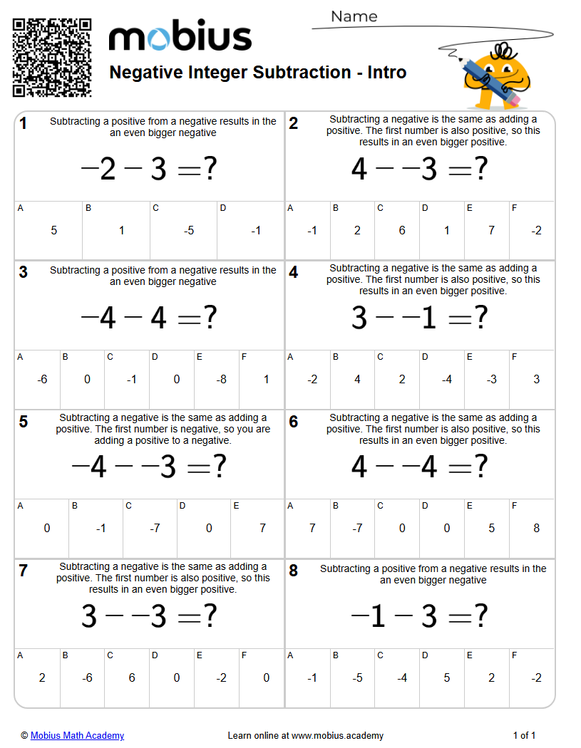 Negative Integer Subtraction - Intro (Level 1) - Mobius Math Academy