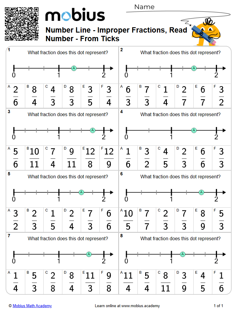 Number Line - Improper Fractions, Read Number - From Ticks (Level 1 ...