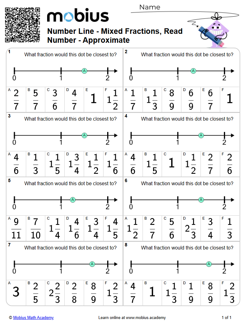 Number Line - Mixed Fractions, Read Number - Approximate (Level 1 ...