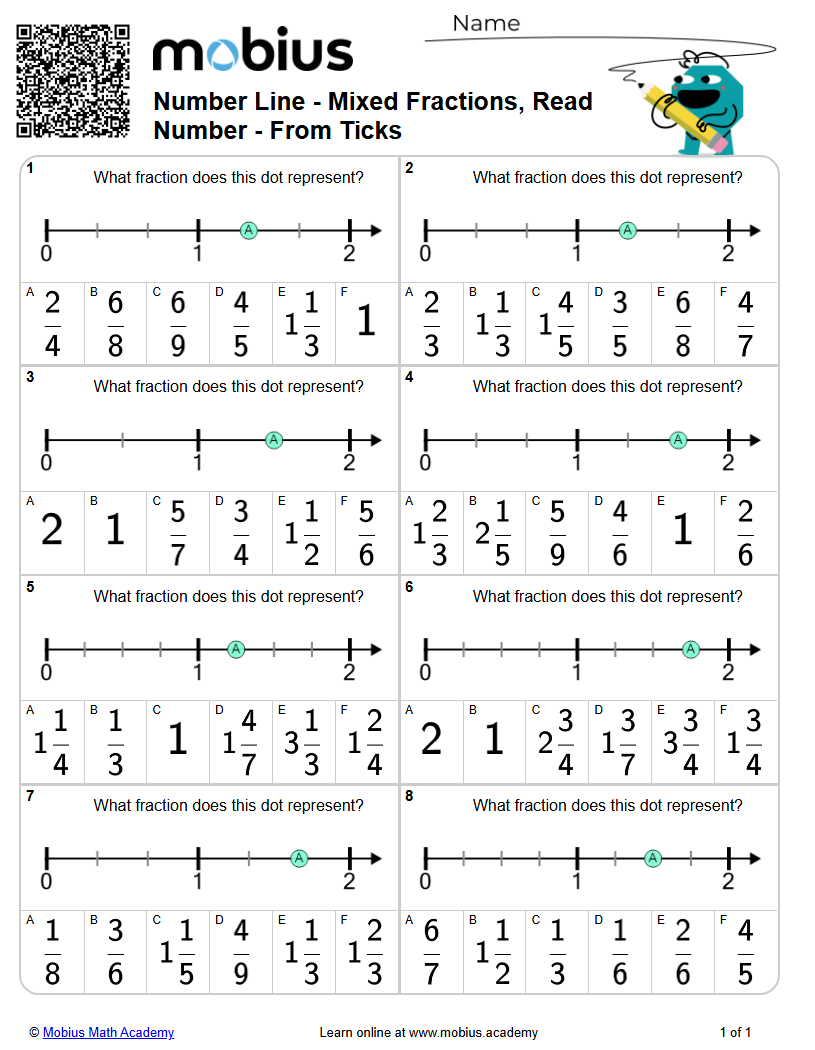 Number Line - Mixed Fractions, Read Number - From Ticks (Level 1 ...