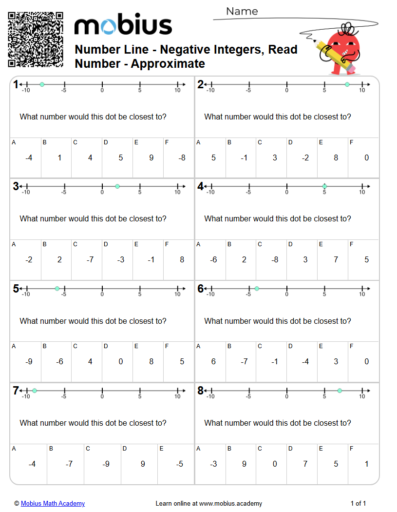 Number Line - Negative Integers, Read Number - Approximate (Level 1 ...