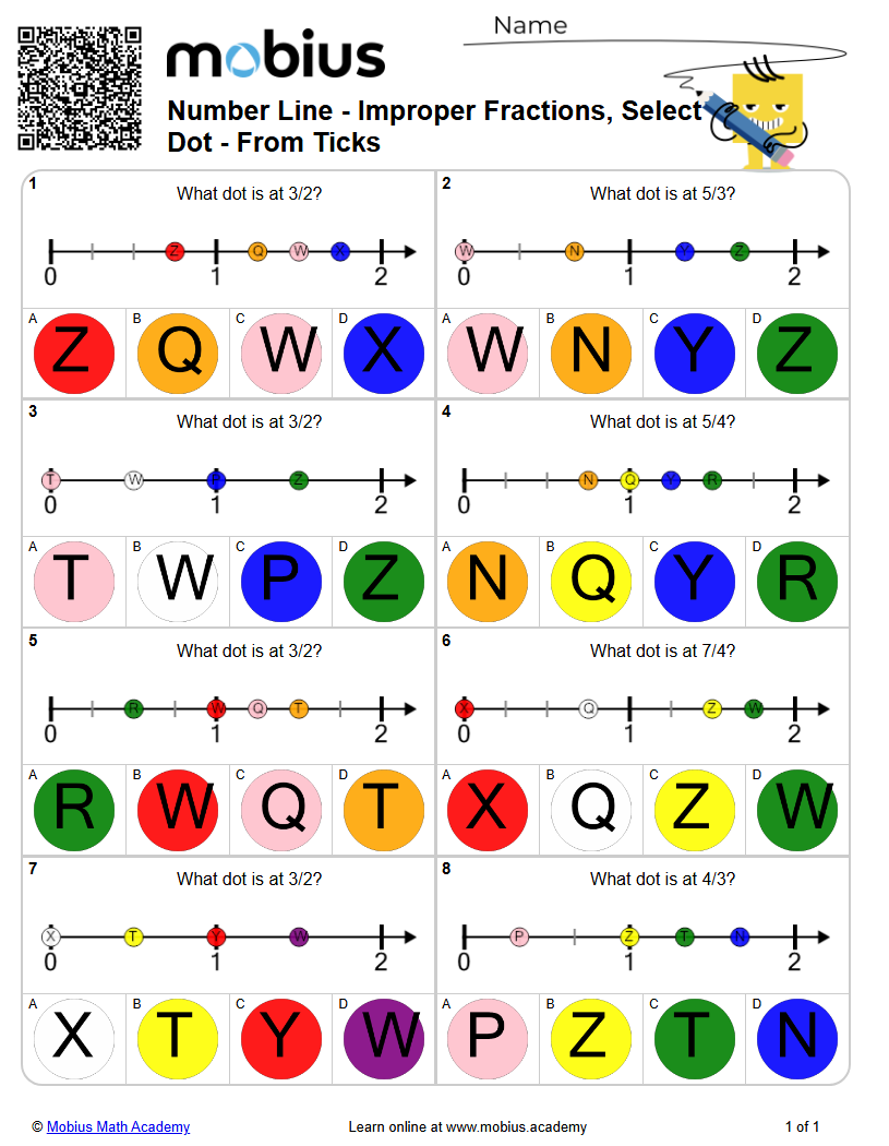 Number Line - Improper Fractions, Select Dot - From Ticks (Level 1 ...