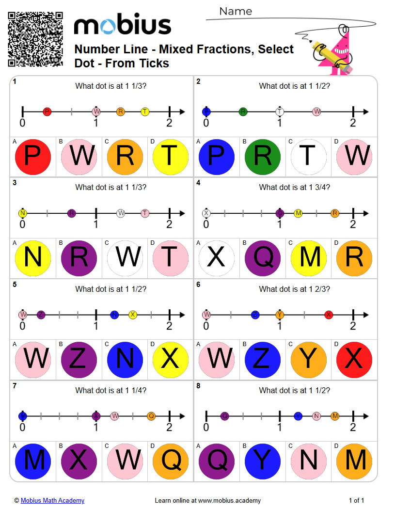 Number Line - Mixed Fractions, Select Dot - From Ticks (Level 1 ...