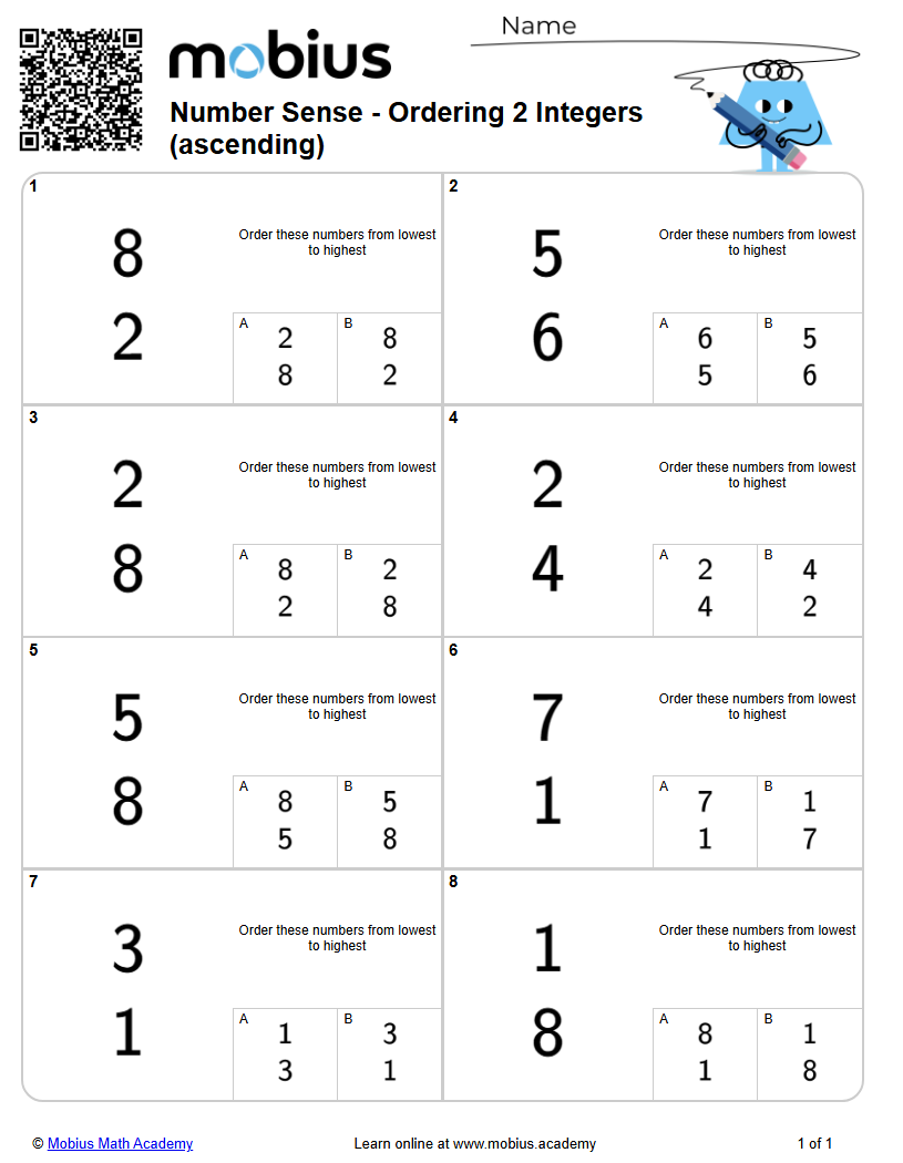 Number Sense - Ordering 2 Integers (ascending) (Level 1) - Mobius Math ...