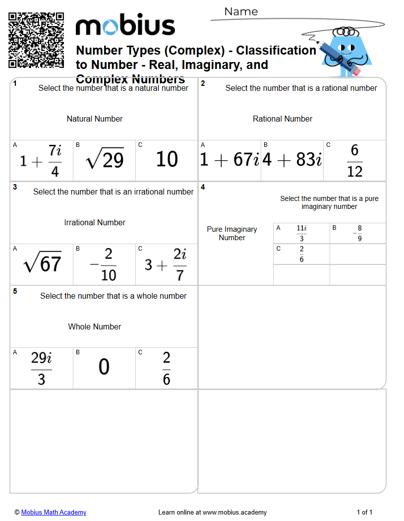 Level 1 | Complex Numbers | Grade 0 Math Worksheets - Mobius Math Academy