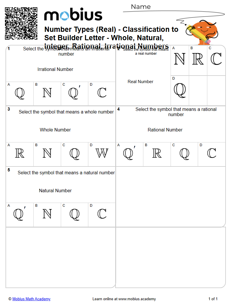 Number Types (Real) - Classification to Set Builder Letter - Whole ...