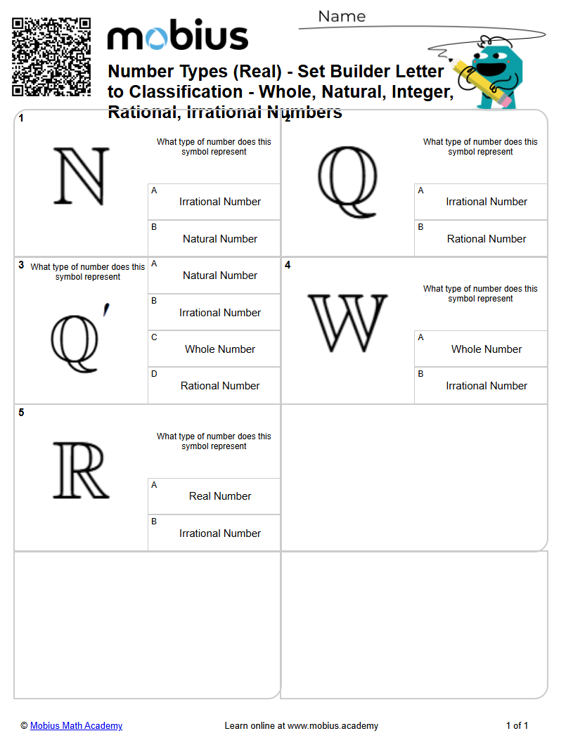 Number Types (Real) - Set Builder Letter to Classification - Whole ...