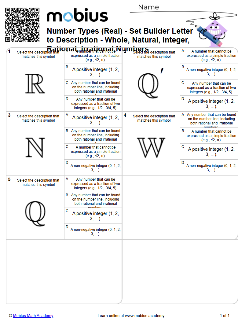 Number Types (Real) - Set Builder Letter to Description - Whole ...