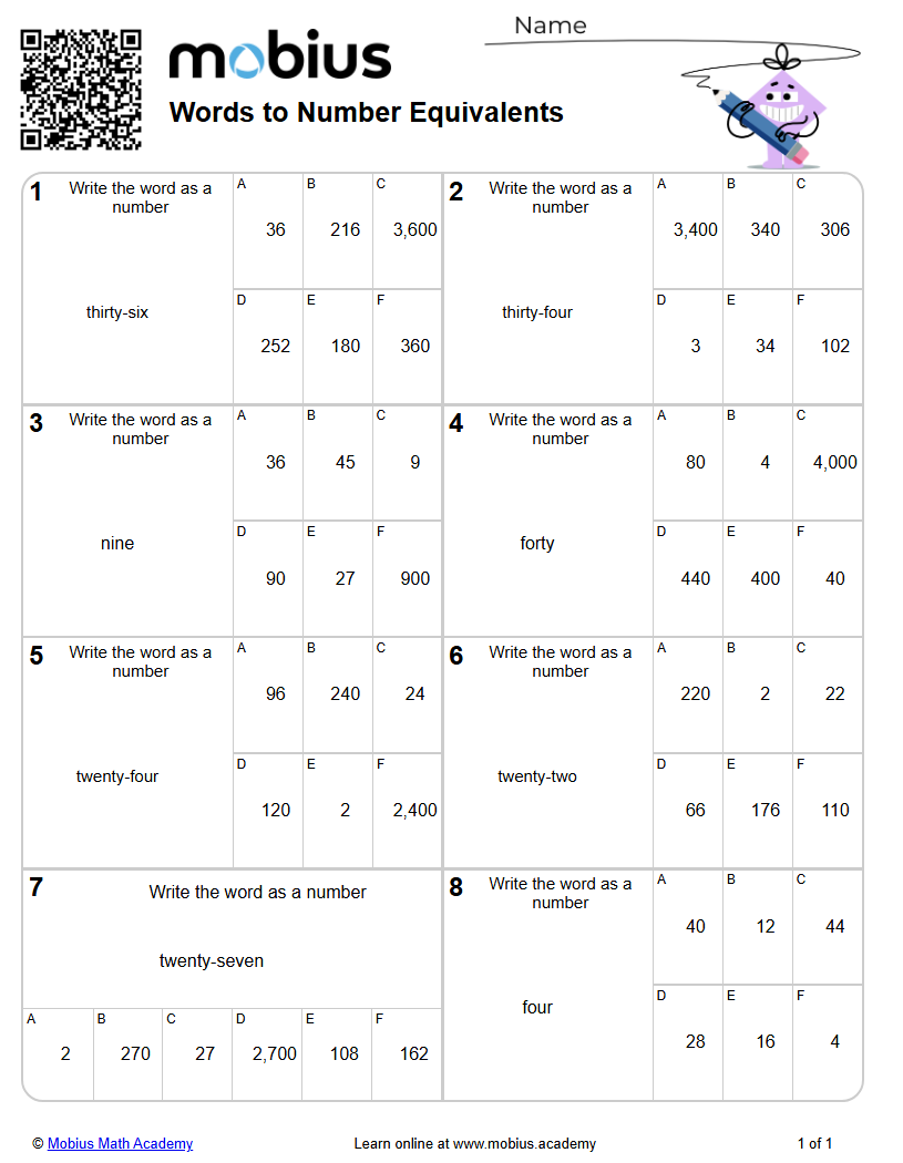 Words to Number Equivalents | Level 1 | Grades 2-6 Math Worksheets ...