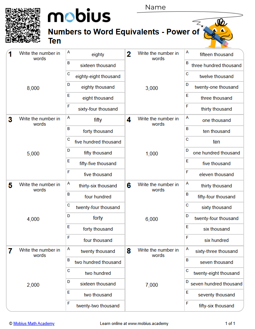 Numbers to Word Equivalents - Power of Ten (Level 3) - Mobius Math Academy