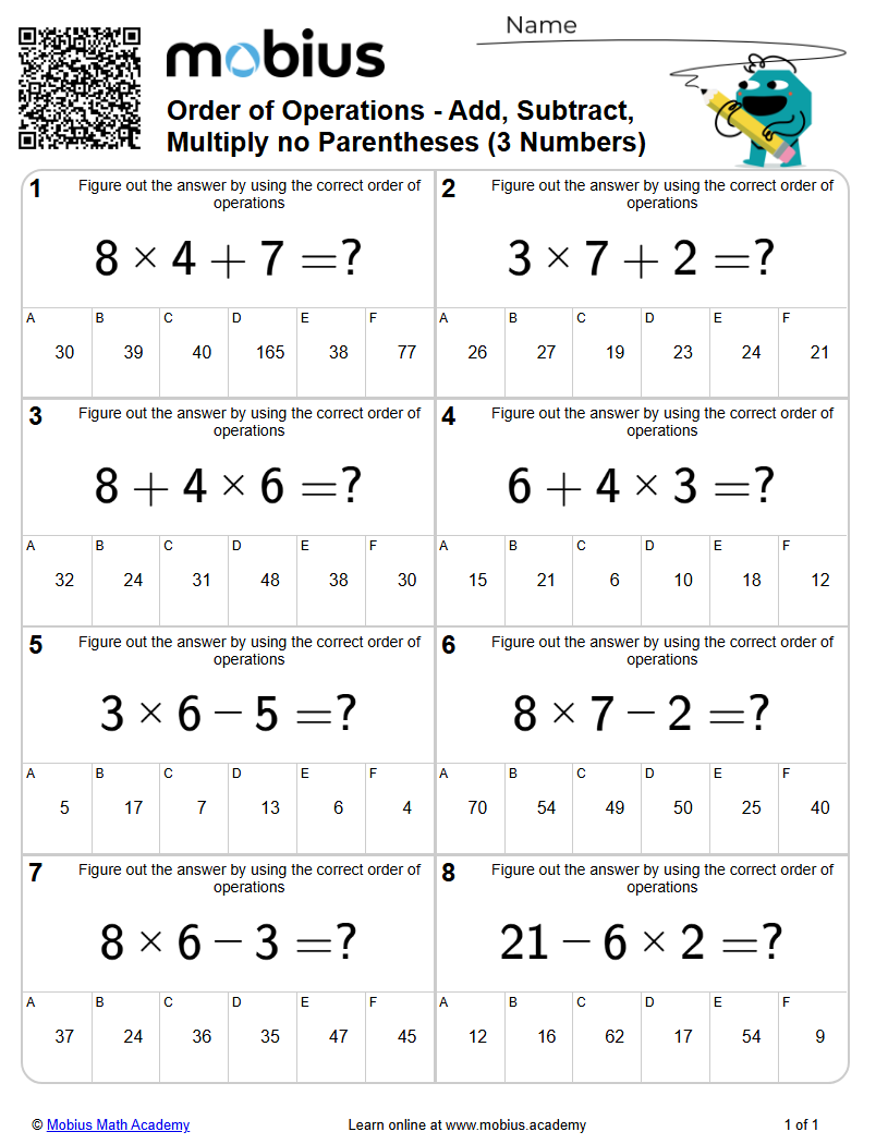 Order of Operations - Add, Subtract, Multiply no Parentheses (3 Numbers ...