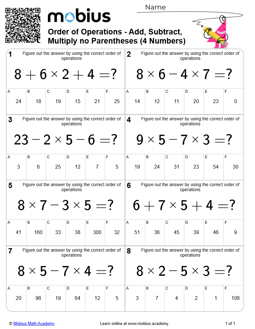 Order of Operations - Add, Subtract, Multiply no Parentheses (4 Numbers ...