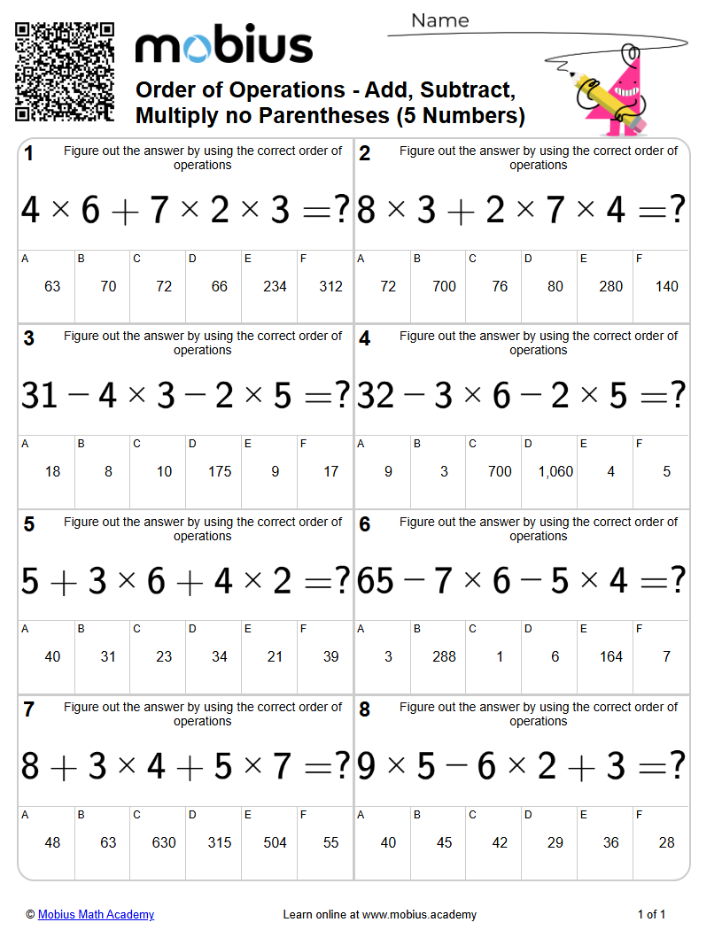 Order of Operations - Add, Subtract, Multiply no Parentheses (5 Numbers ...