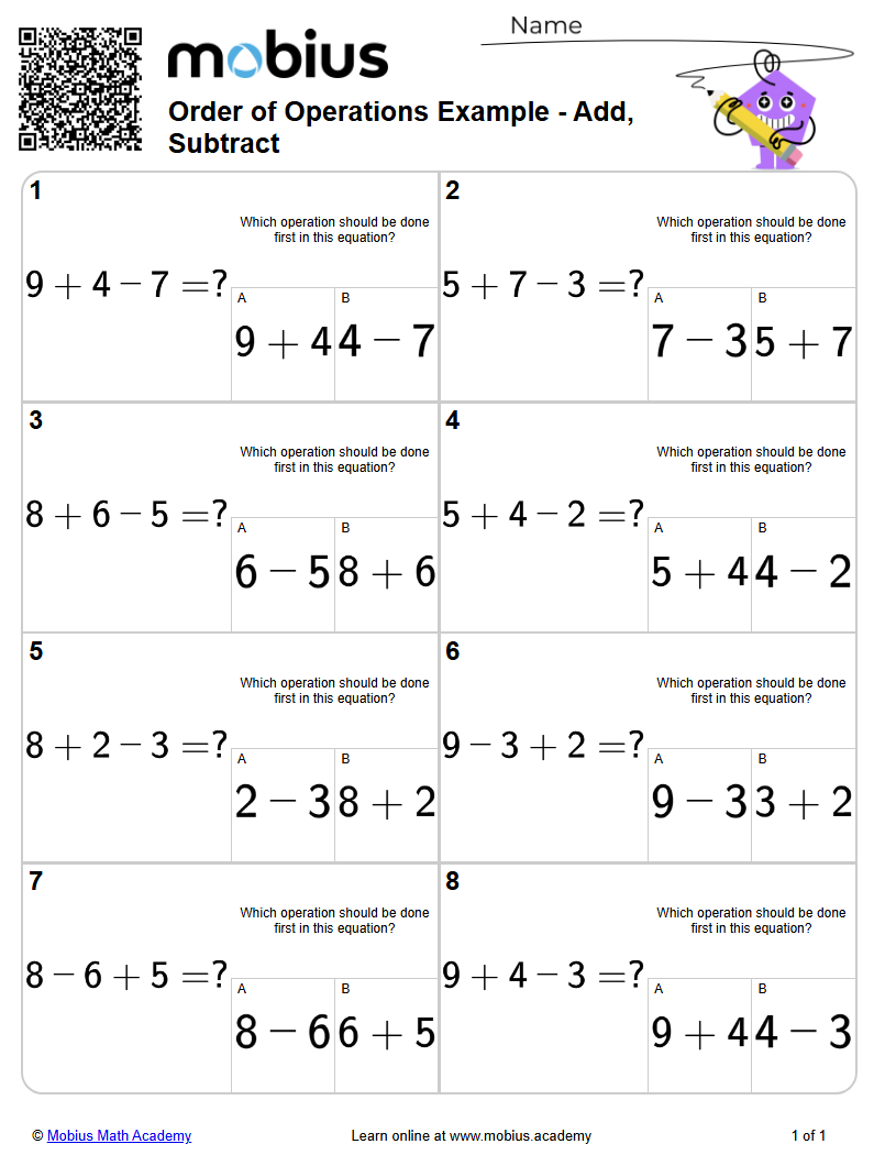 Order of Operations Example - Add, Subtract (Level 1) - Mobius Math Academy