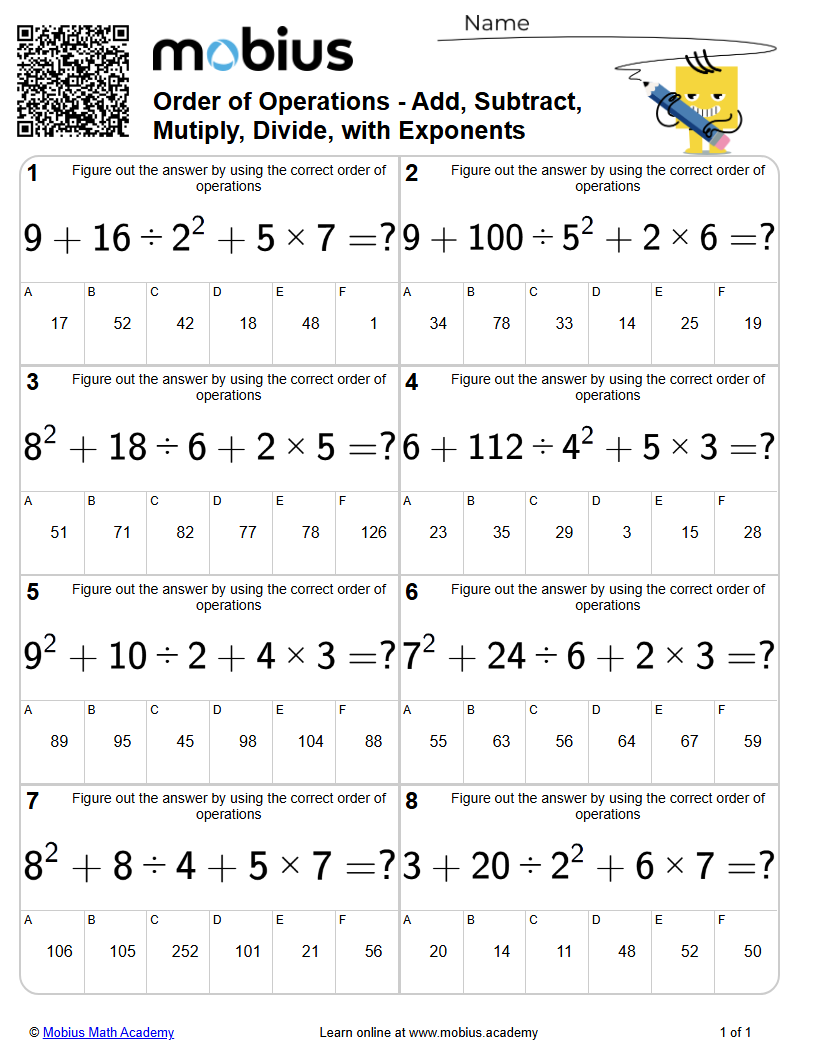 Order of Operations | Add, Subtract, Mutiply, Divide, with Exponents ...