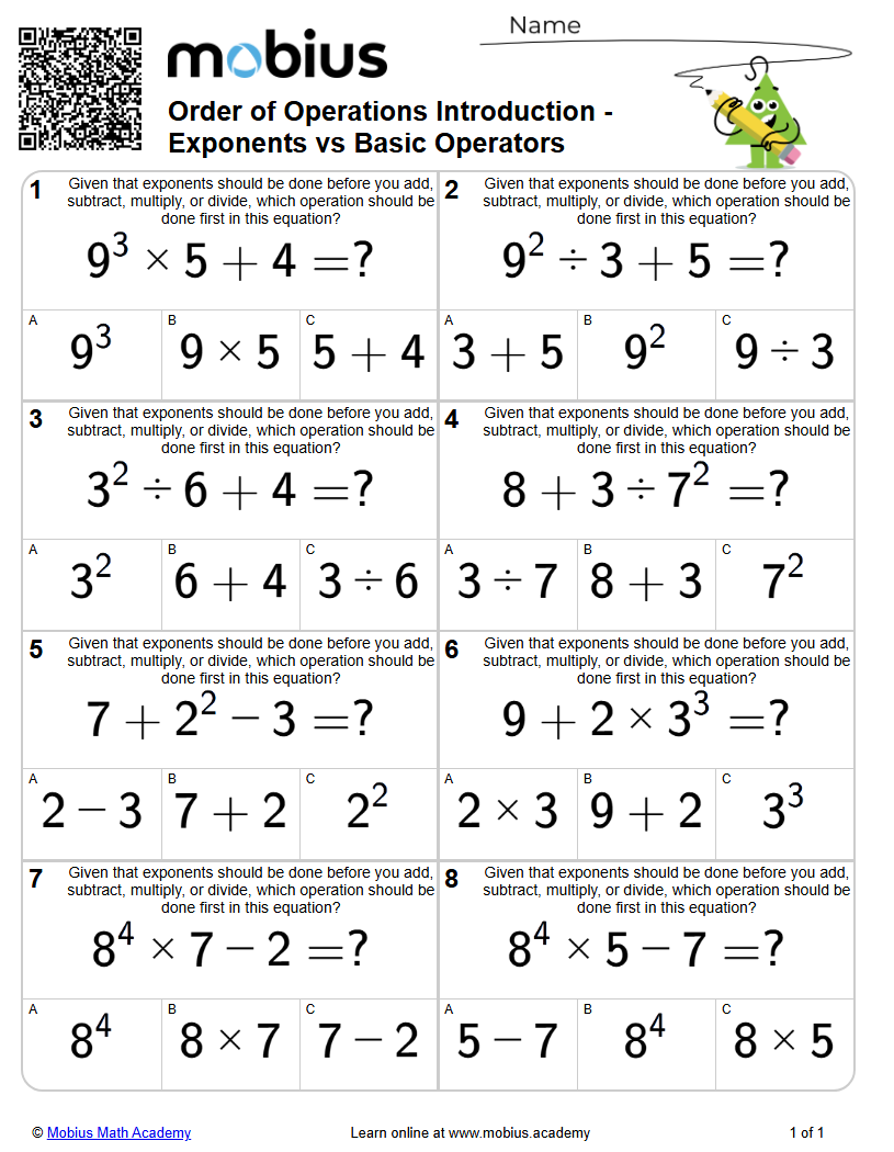 Order of Operations Introduction - Exponents vs Basic Operators (Level ...