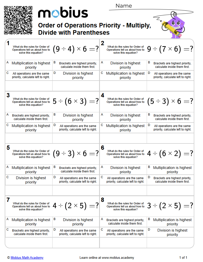 Order of Operations Priority - Multiply, Divide with Parentheses ...