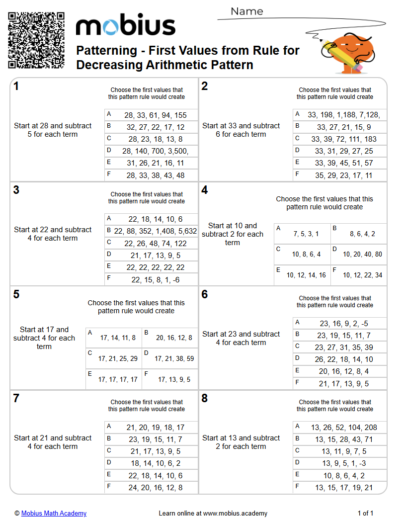 First Values from Rule for Decreasing Arithmetic Pattern (Level 1 ...