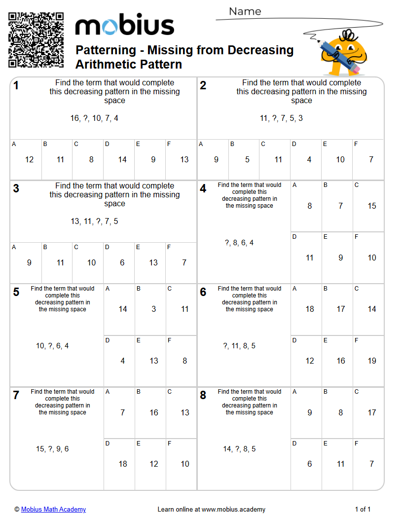 Patterning Missing From Decreasing Arithmetic Pattern Level 1