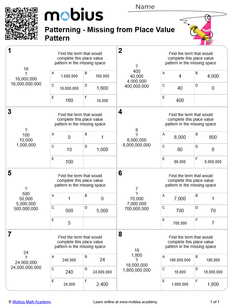 Patterning - Missing from Place Value Pattern (Level 2) - Mobius Math ...