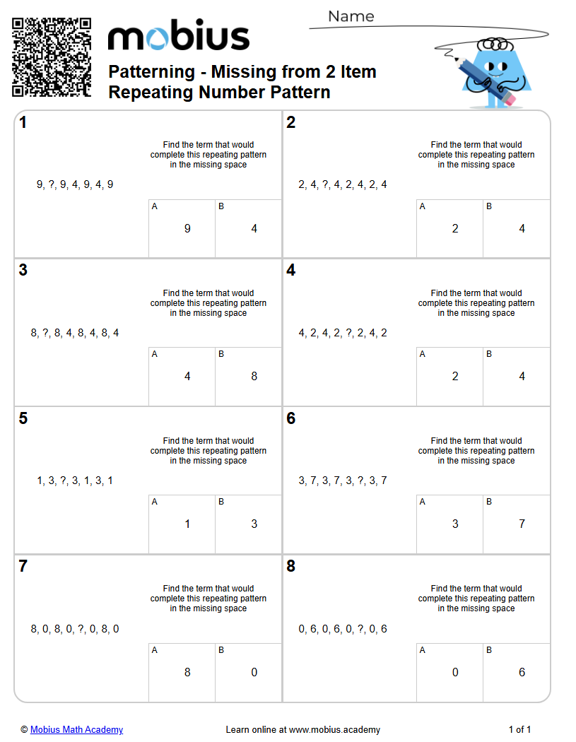 Missing from 2 Item Repeating Number Pattern (Level 1) | Patterning ...