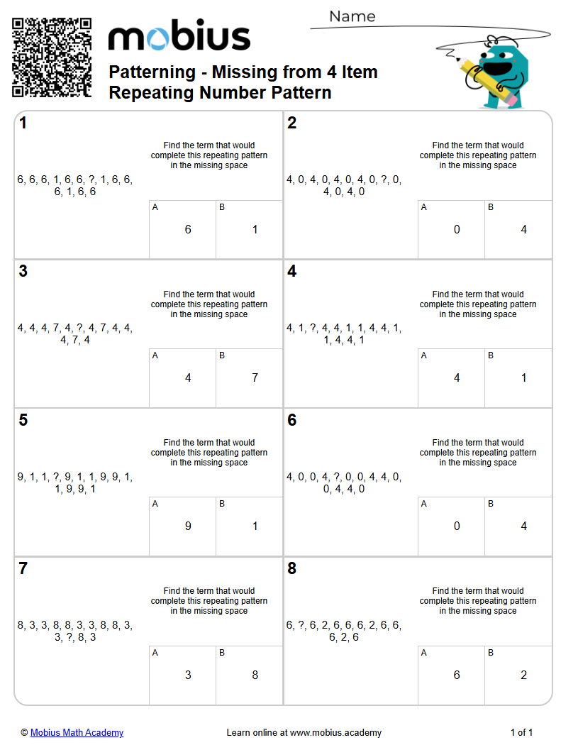 Missing from 4 Item Repeating Number Pattern (Level 1) | Patterning ...