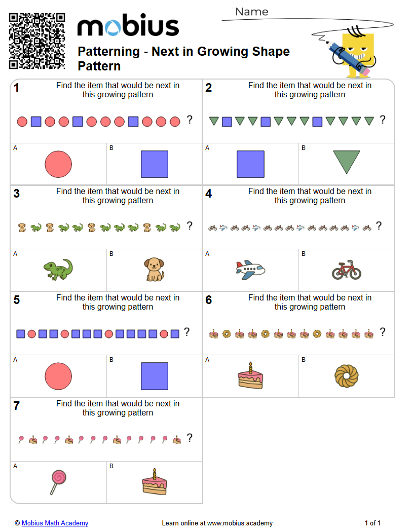 Patterning - Next in Growing Shape Pattern (Level 1) - Mobius Math Academy